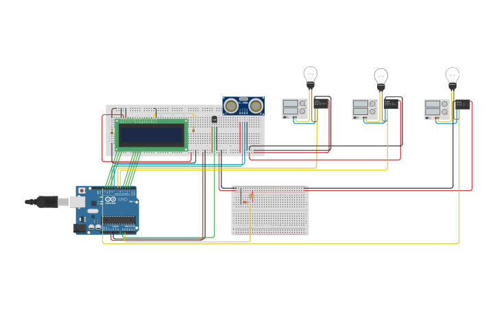 Circuit design Simulasi 3 Sensor (Suhu, Jarak, dan Cahaya) - Tinkercad