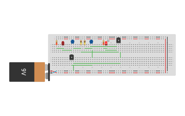 Circuit design flashing LED using Transistor ckt-3 | Tinkercad