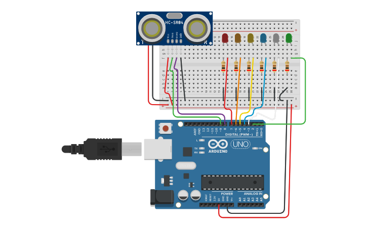 Circuit design Sensor de distancia con LED's - Tinkercad Circuit design Sensor de distancia con LED's - Tinkercad