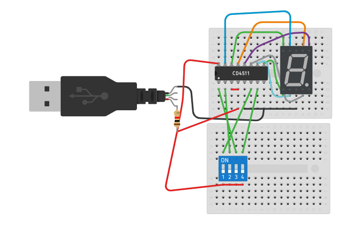 Circuit design BCD to 7 pieces display demo | Tinkercad
