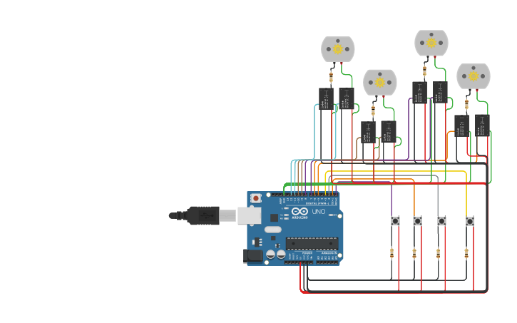 Circuit design Exercício - 4 motores no arduino | Tinkercad