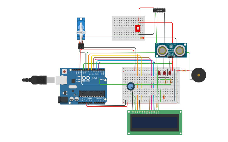 Circuit design TA KELOMPOK 1 [SENSOR PARKIR MOBIL] | Tinkercad