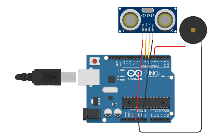 Circuit design Ultrasonic and buzzer hw - Tinkercad
