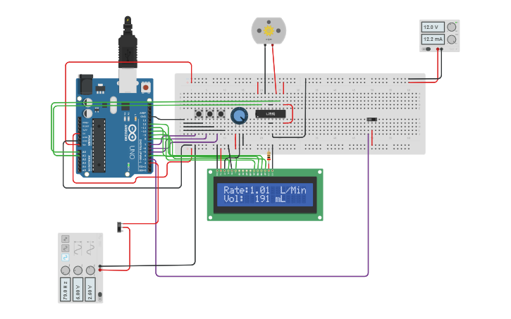 Circuit design old lcd of water sampler with flow sensor - Tinkercad