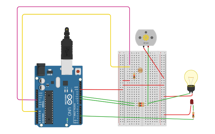 Circuit design Control a DC motor and bulb using LDR. - Tinkercad