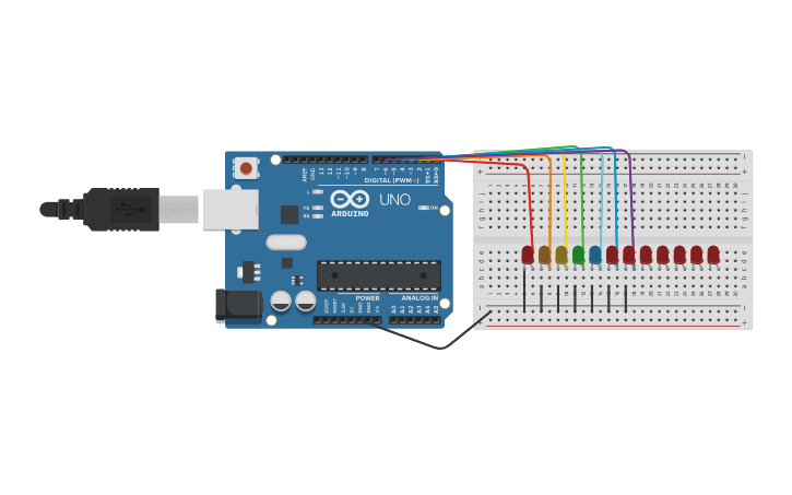 Circuit design Sequential LED lights - Tinkercad