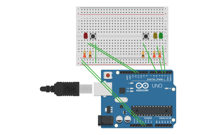 Circuit design Pulsadores y estados con transiciones múltiples con Arduino | Tinkercad
