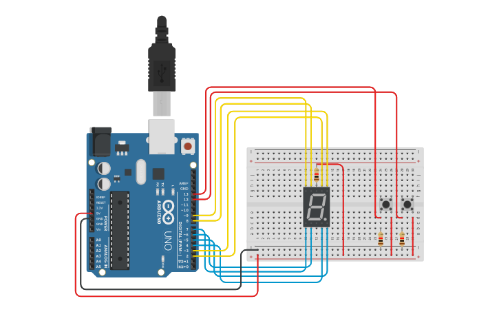 Circuit design push button controlled 7 segment display counter - Tinkercad