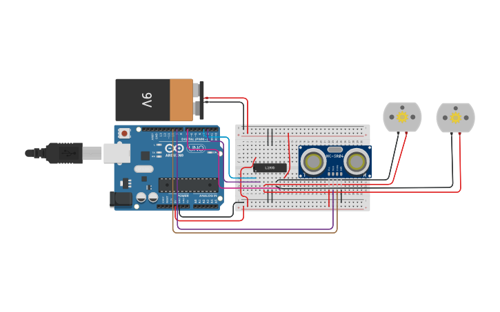 Circuit design motores e sensor de distancia - Tinkercad