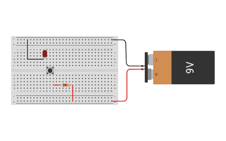Circuit design C02. Basic LED + Switch - Tinkercad