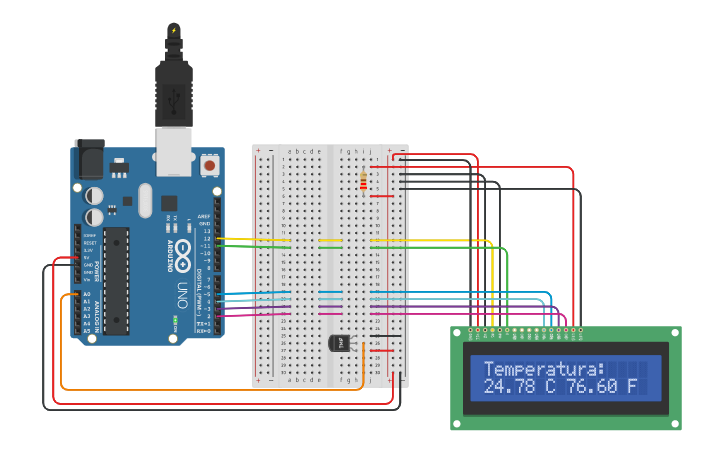 Circuit design Circuito com sensor de temperatura e display LCD - Tinkercad
