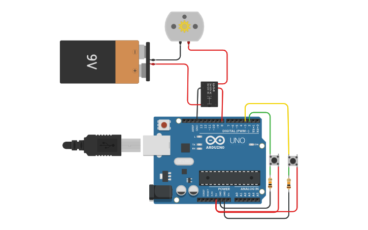 Circuit design Control de motor DC con Rele SPDT - Tinkercad
