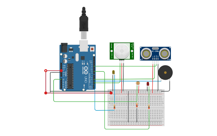 Circuit design 3 SENSOR DIST-LDR-PIR | Tinkercad