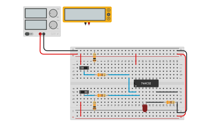 Circuit design Circuito logico usando CI 74HC32 "OR" | Tinkercad