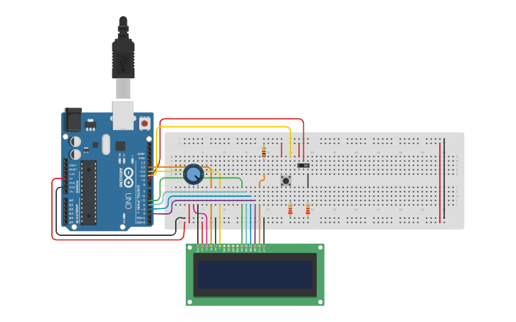 Circuit design Copy of Pantalla LCD Cronometro digital - Tinkercad Circuit design Copy of Pantalla LCD Cronometro digital - Tinkercad
