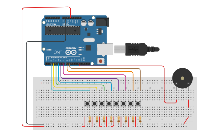 Circuit design Piano using Arduino - Tinkercad