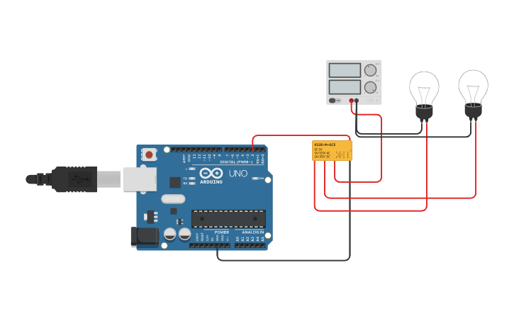 Circuit design Clase 4 - Bombillas con relé - Sbernini Agustin | Tinkercad