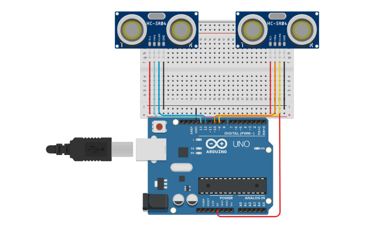 Circuit design Measure Distance using 2 Ultrasonic sensor - Tinkercad
