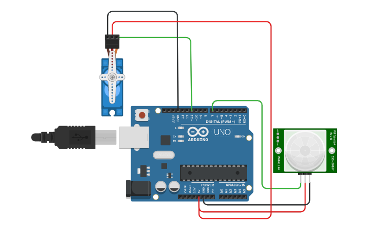 Circuit Design Pir Sensor Servo Motor Tinkercad
