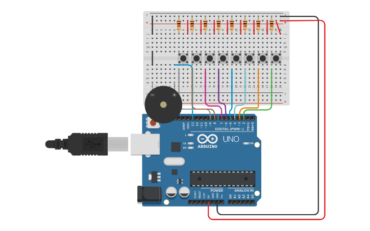 Circuit design PIano Arduino - Tinkercad