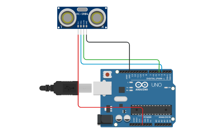 Circuit design Medir distancia con sensor ultrasonico - Tinkercad