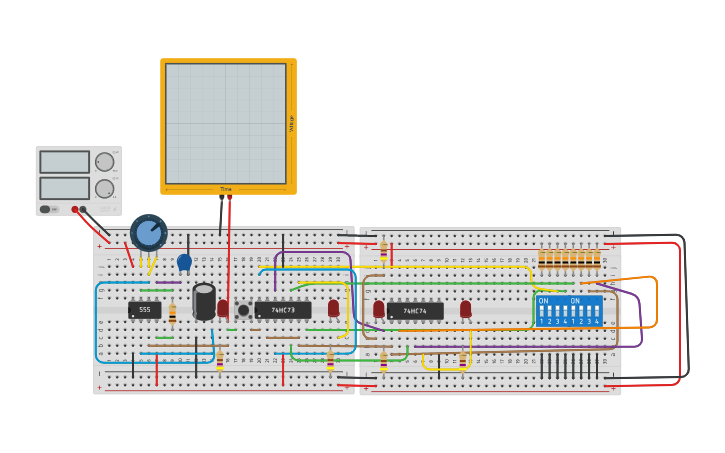 Circuit design flip_flop_D_T_JK_con_timer 555 astable - Tinkercad