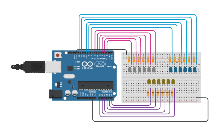 Circuit design Tarea semana 14 - Usando funciones en leds - Tinkercad