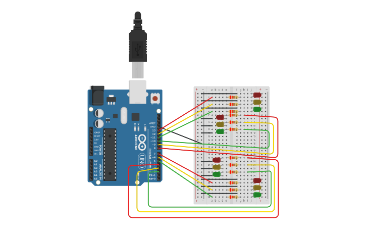 Circuit design Cruce de 4 semaforos - Tinkercad
