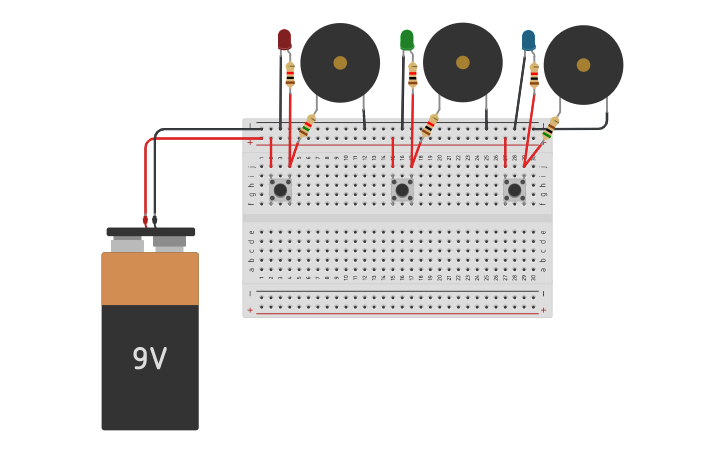 Circuit design Breadboard connections with pushbuttons | Tinkercad