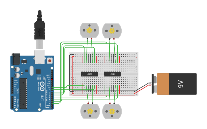 Circuit design L293D 4 way motor control | Tinkercad