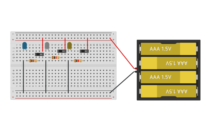 Circuit design 3 LEDs en paralelo con su correspondiente interruptor | Tinkercad