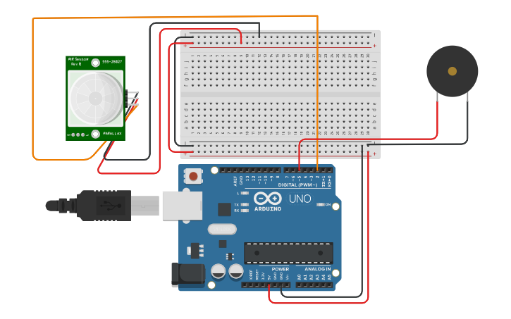 Circuit design Alarma con sensor PIR | Tinkercad