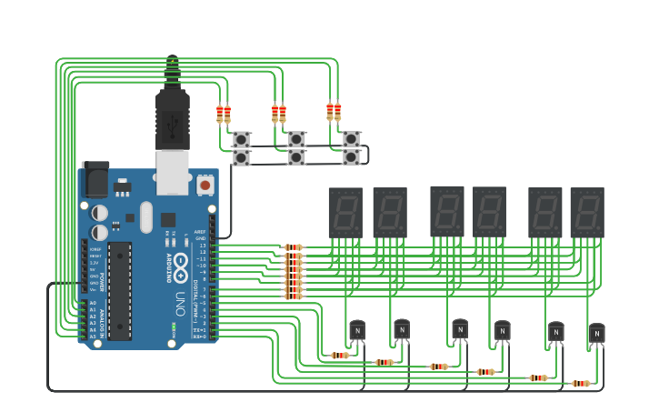 Circuit design Clock 7-segment (multiplex) - Tinkercad