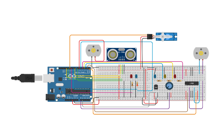 Circuit design Servomotor con sensor ultrasónico y sensor de temperatura - Tinkercad