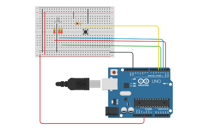 Circuit design Bucle FOR con LED RGB y pulsador | Tinkercad