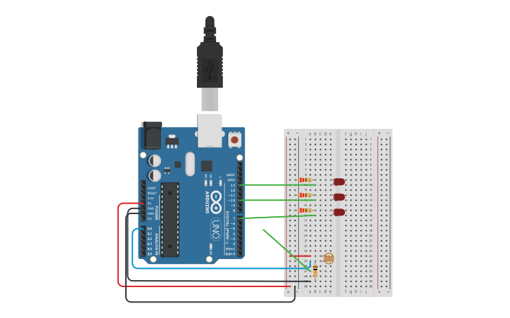 Circuit design Práctica con LDR | Tinkercad