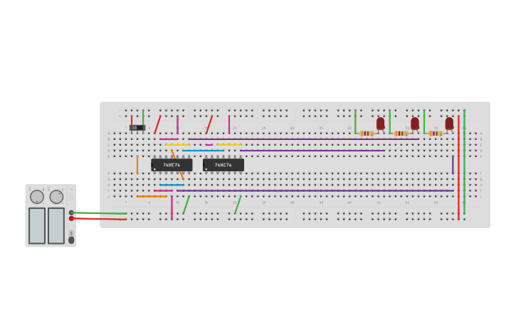Circuit design 3 bit Asynchronous UP Counter USING D FF | Tinkercad