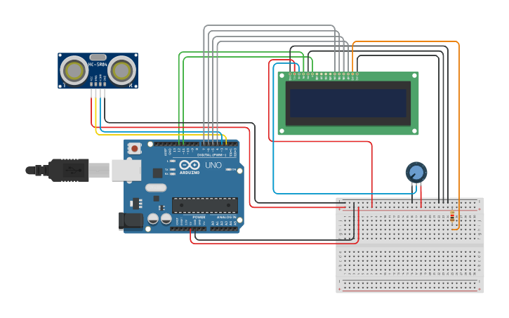 Circuit design HC-SR04 With LCD | Tinkercad Circuit design HC-SR04 With LCD | Tinkercad