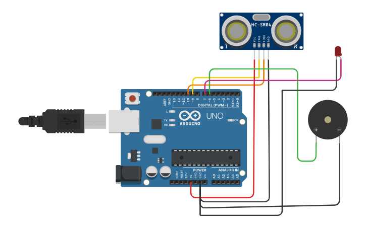 Circuit design Sensor Jarak dengan Indikator Lampu - Tinkercad