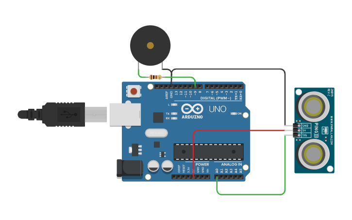Circuit design Ultrasonic Sensor Buzzer - Tinkercad