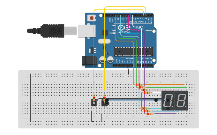 Circuit design Copy of 2 display 7 segmentos - Tinkercad