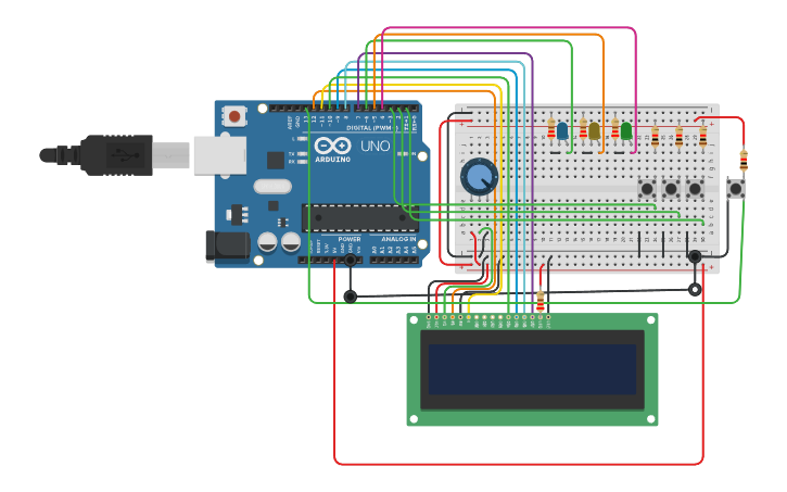 Circuit design PANTALLA LCD con 3 LED Y 4 BOTONES - Tinkercad