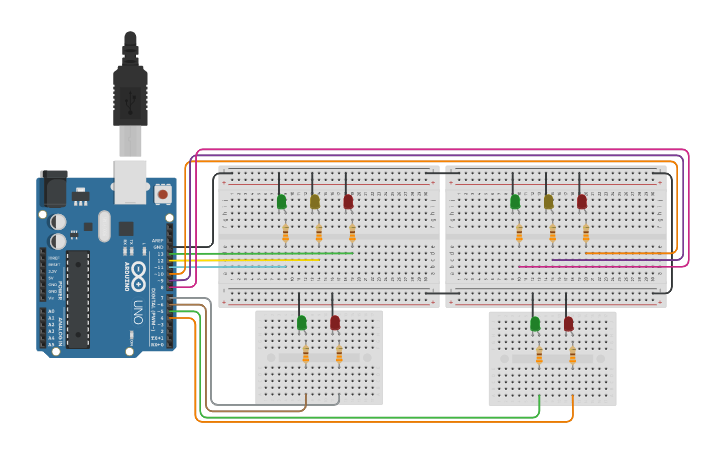 Circuit design TRABAJO CON ARDUINO; SISTEMA SEMAFOROS | Tinkercad