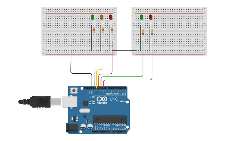 Circuit design Projeto semáforos - Tinkercad