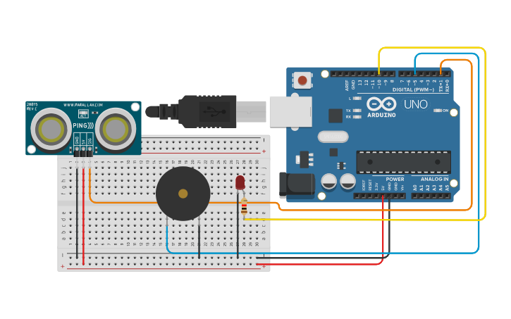 Circuit design Sensor Ultrasonik dengan Buzzer - C030320074 | Tinkercad