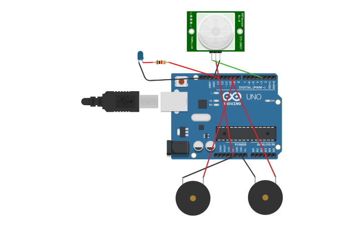 Circuit design PIR Sensor alarm - Tinkercad