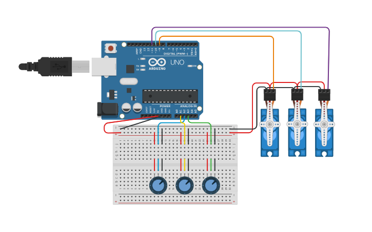 Circuit design Servos controlados con potenciómetros y arduino - Tinkercad