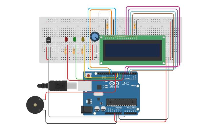 Circuit design SENSOR DE TEMPERATURA - LCD, alarmas y luces - Tinkercad