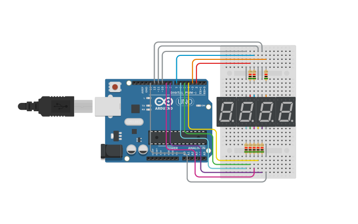 Circuit design 4digit 7segment | Tinkercad