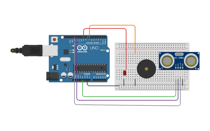 Circuit design Ultrasonic and Buzzer - Tinkercad